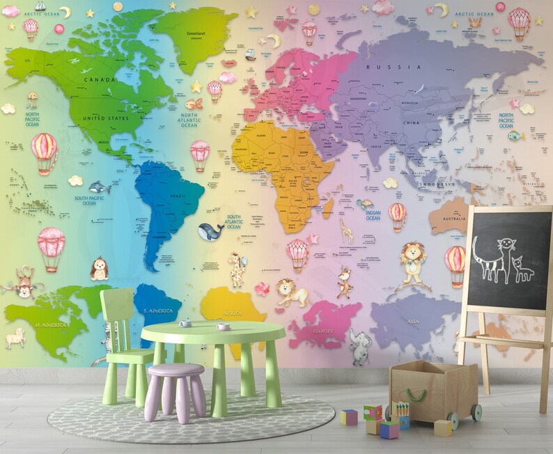 Kids Map Wallpaper, Peel and Stick Cute World Map Wallpaper, Wall Cover ...