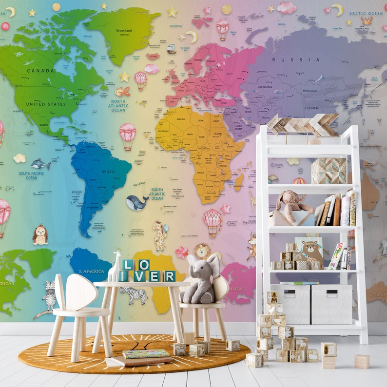 Kids Map Wallpaper, Peel and Stick Cute World Map Wallpaper, Wall Cover ...