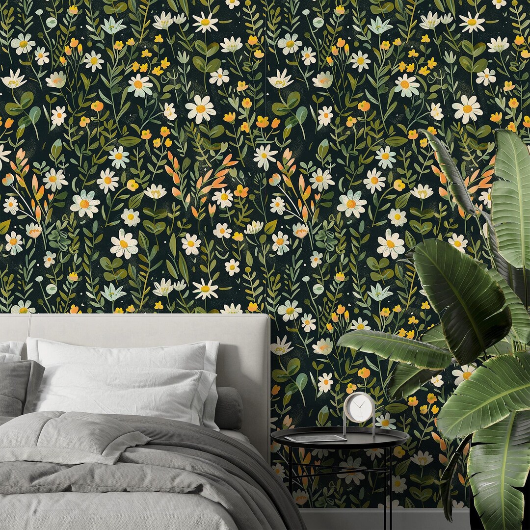 Dark Daisies Wallpaper, Wildflowers Bedroom Wallpaper, Peel Stick ...