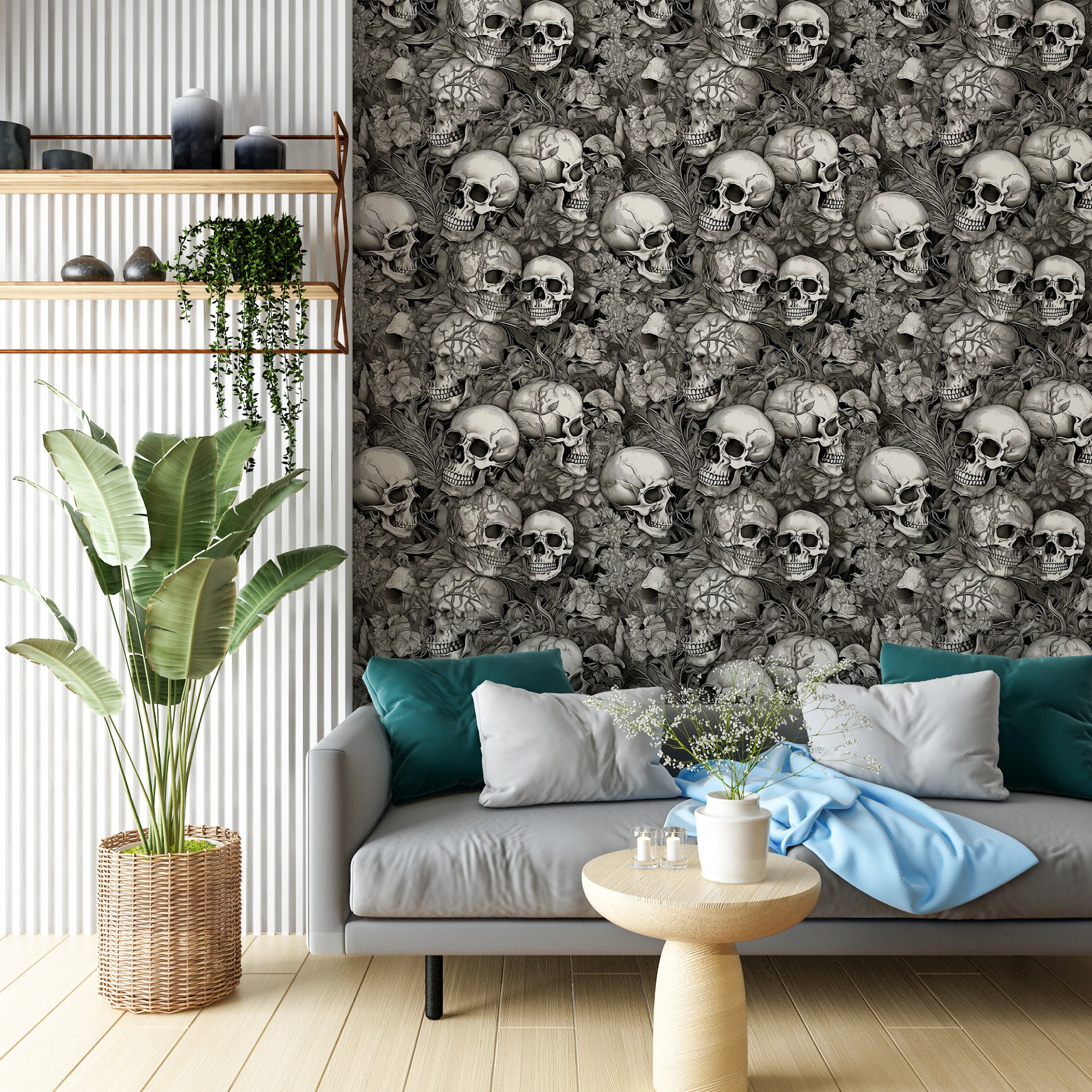 White Skulls, Skeleton, Bones Peel and Stick Wallpaper, Gothic Bedroom ...