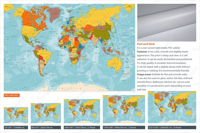 Peel and Stick Kids Room World Map Wallpaper, Modern Political Map Wall ...