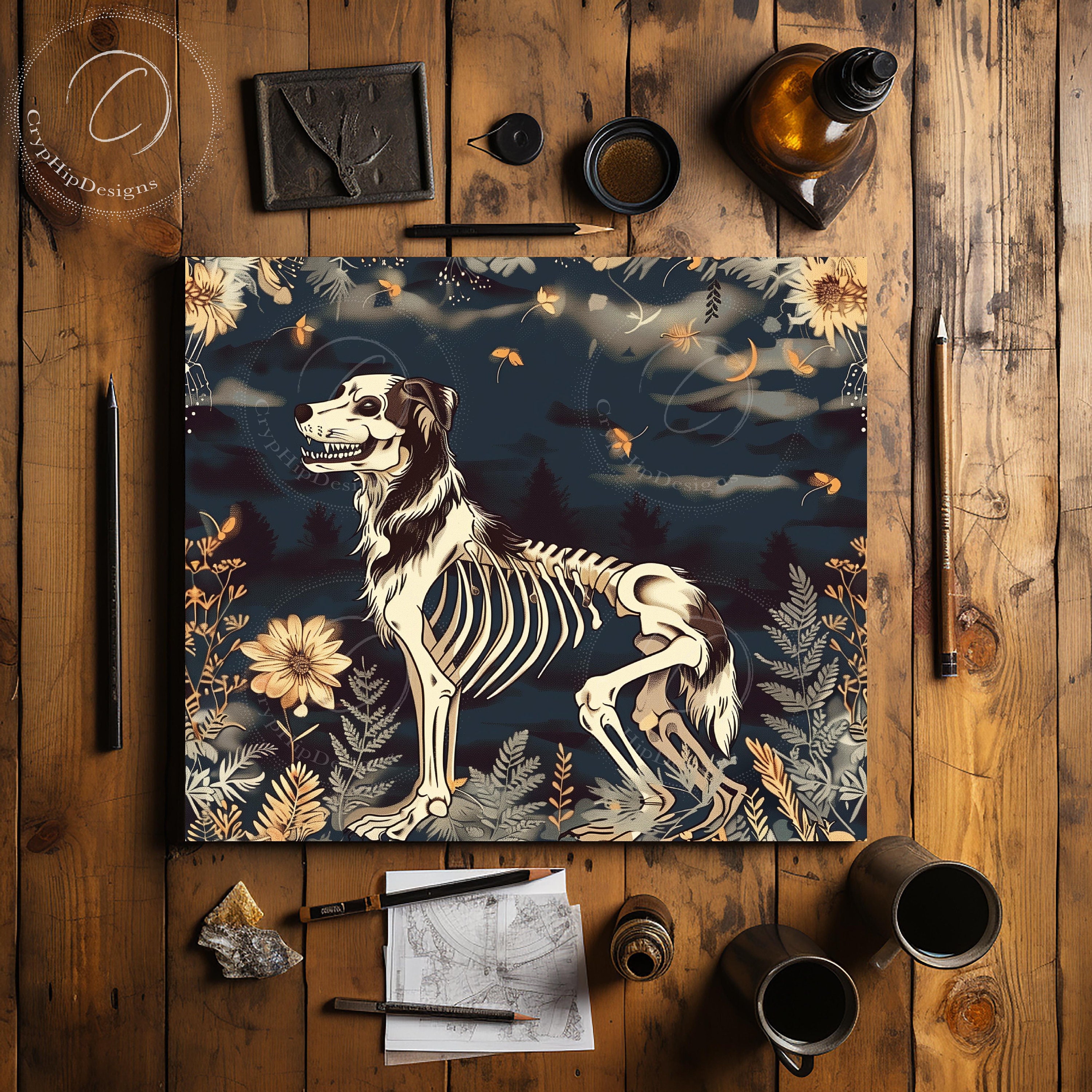 Skeleton Dog SVG, Hellhound, Canvas TEXTURED Design, Sublimation ...