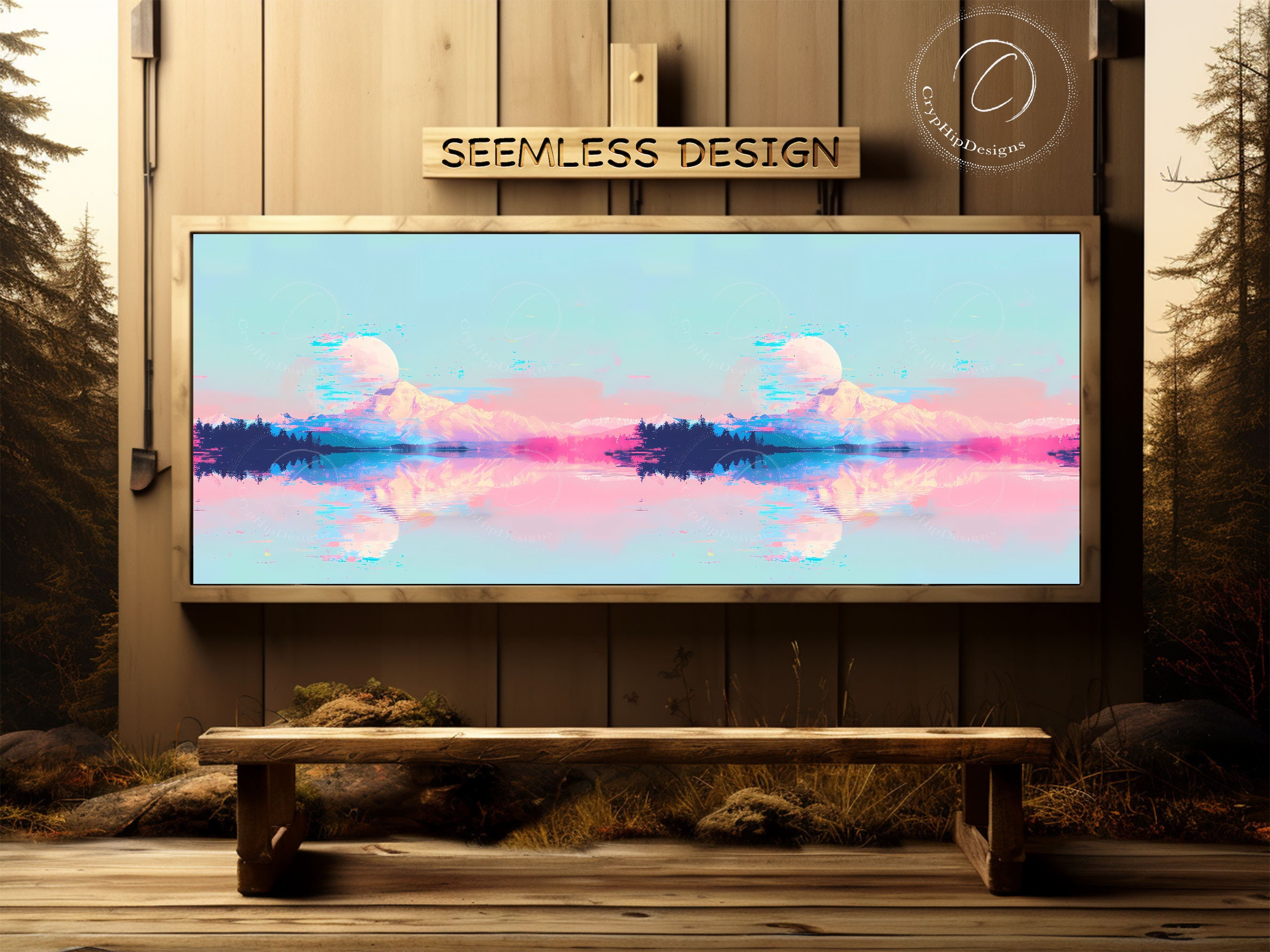 Digital Glitch Mountain, Vaporwave Decor, Geometric Mountain Lake ...