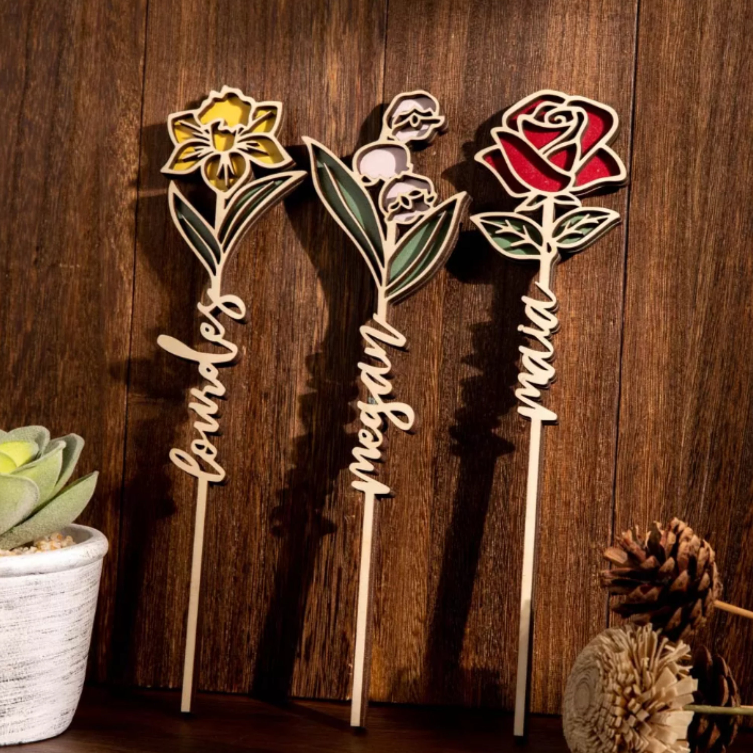 Personalized Birth Flower Decor Birthmonth Flower Wood Ornament Wooden ...