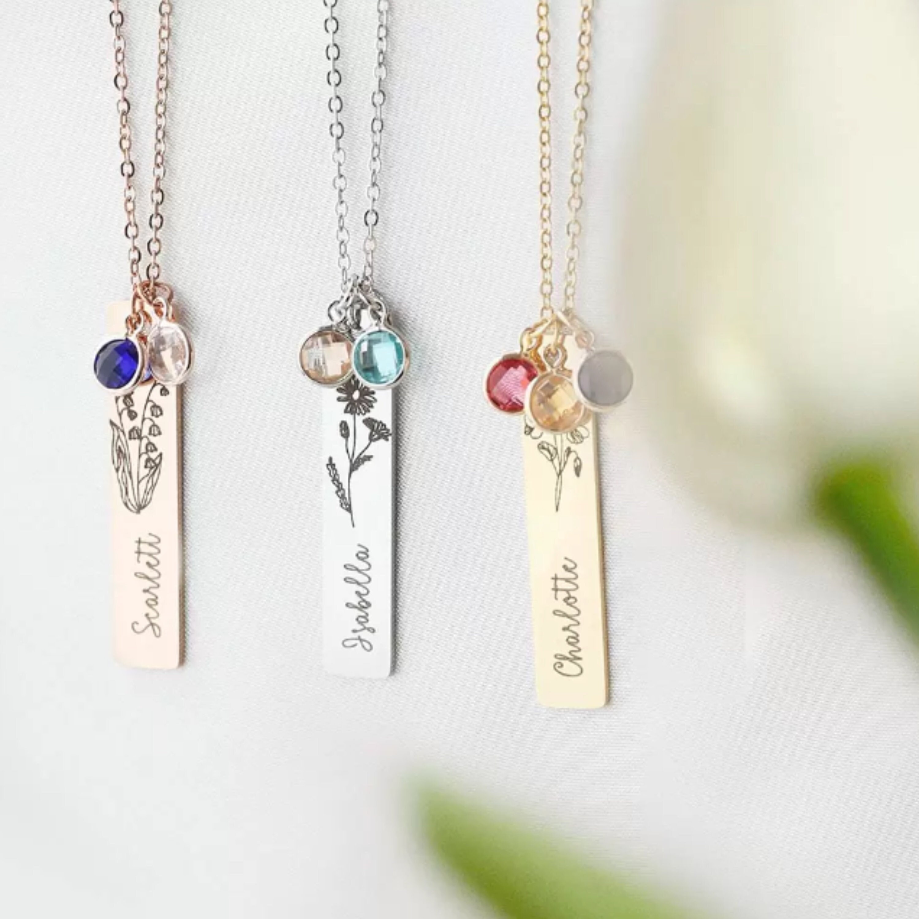 Customized Birth Flower Necklace With Engraved Name Sterling Silver ...