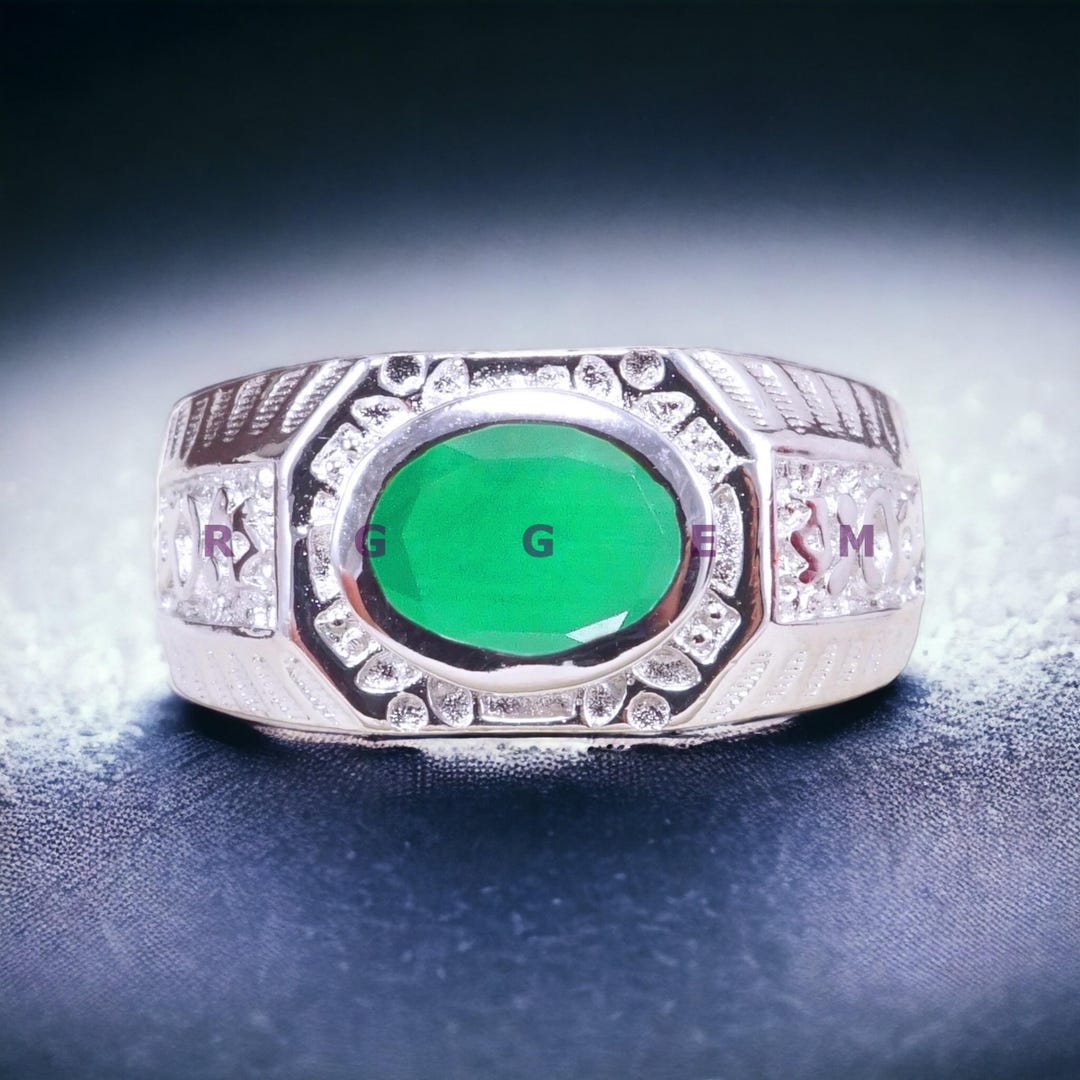 Emerald Gem Men's Ring Sterling Silver Men Rings, Engraved Green ...