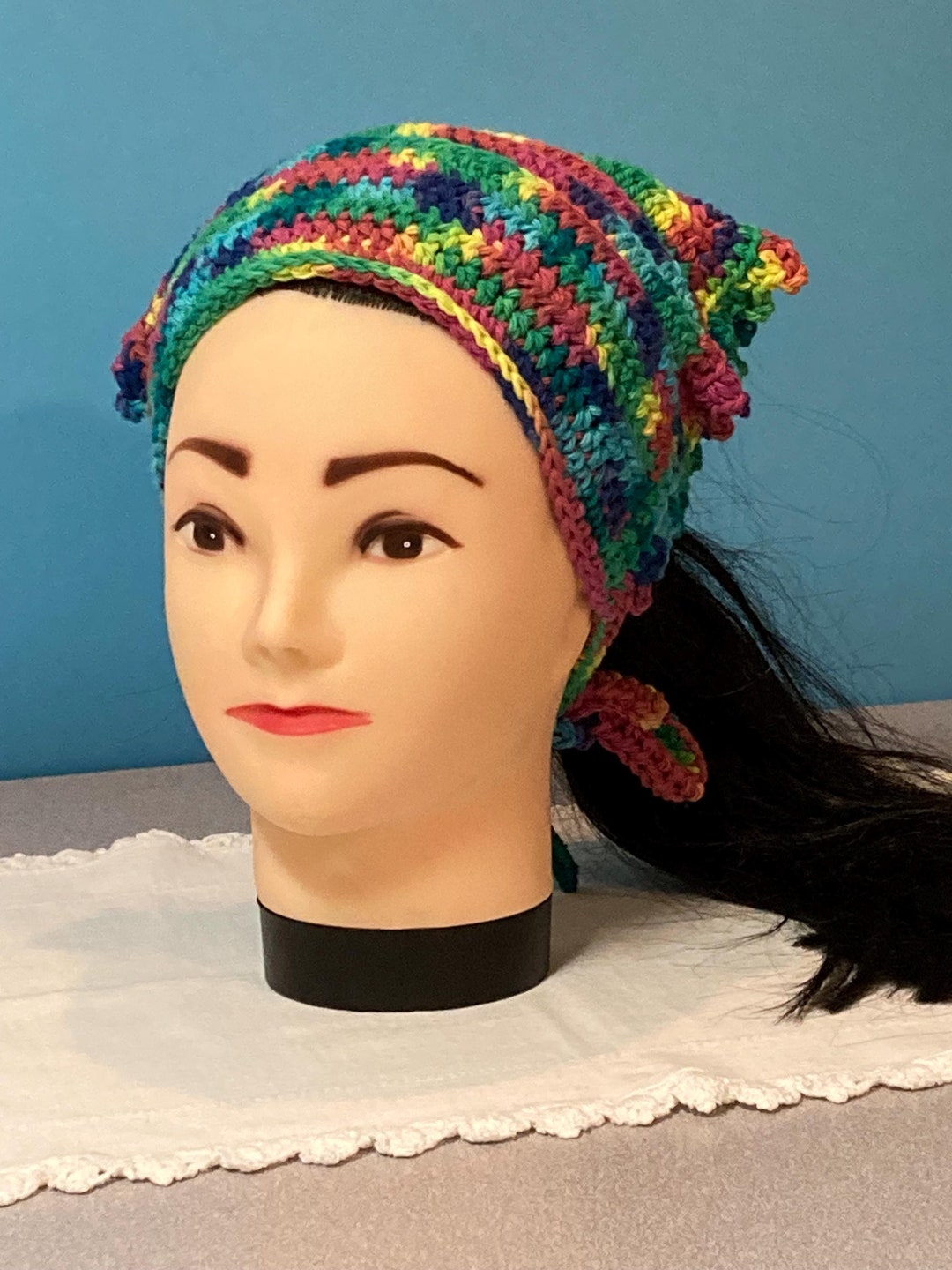 Hand Crocheted Triangle Boho Picot Kerchief, Headscarf, Bandana, Head ...