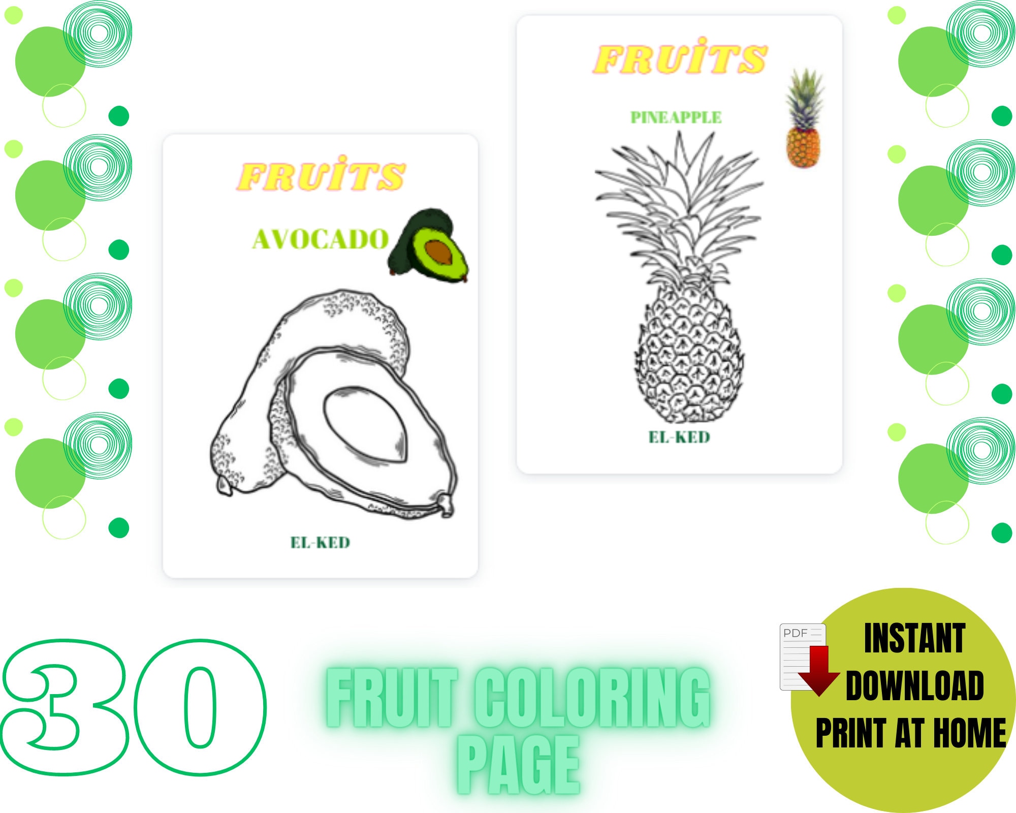 Fruit Coloring Pages, Fruit Coloring Book for Kids, Digital Download ...