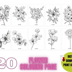 20 Printable Flower Coloring Pages, Coloring Book, Adults Kids ...