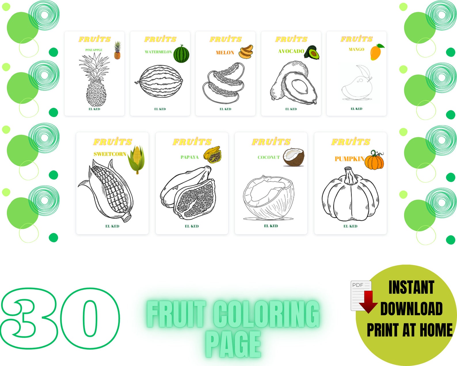 Fruit Coloring Pages, Fruit Coloring Book for Kids, Digital Download ...