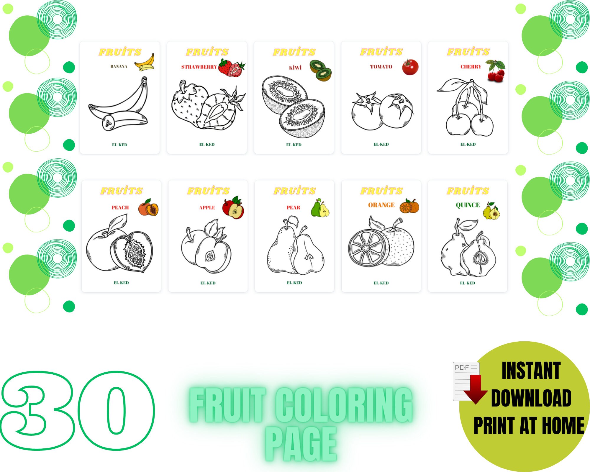 Fruit Coloring Pages, Fruit Coloring Book for Kids, Digital Download ...