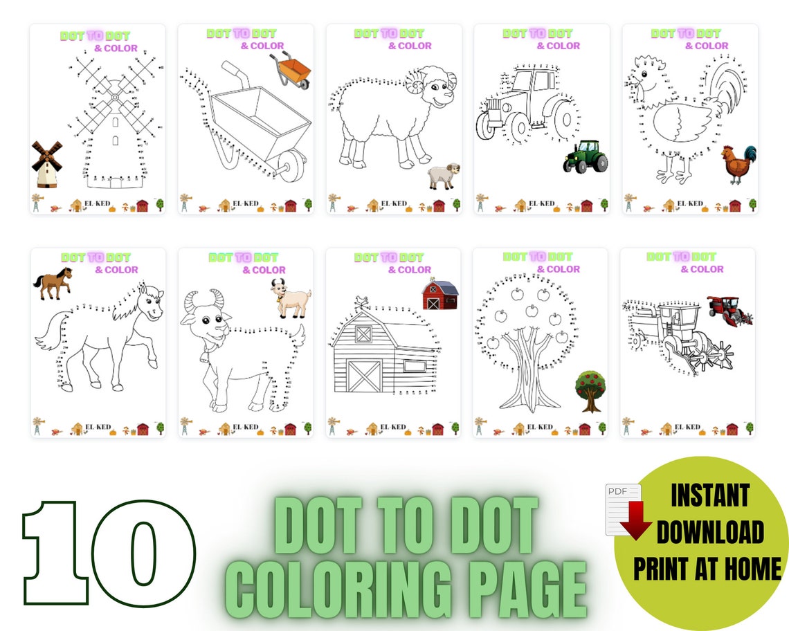 10 Pages Kids Dot to Dot, Farm , Farm Animals Connect the Dots ...