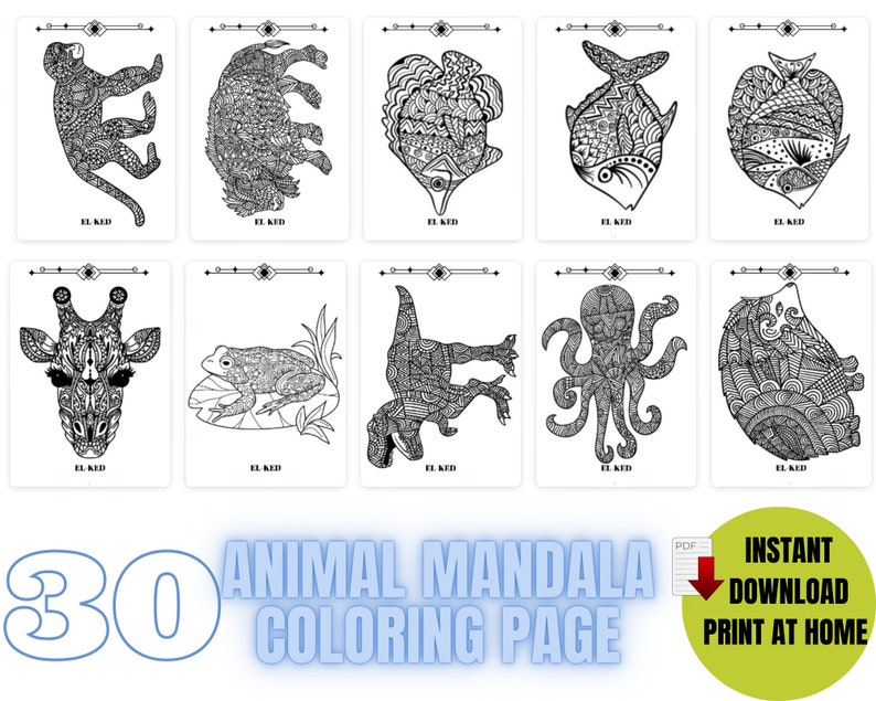 Mandala Animals Coloring Pages for Adults Coloring Book Printable ...