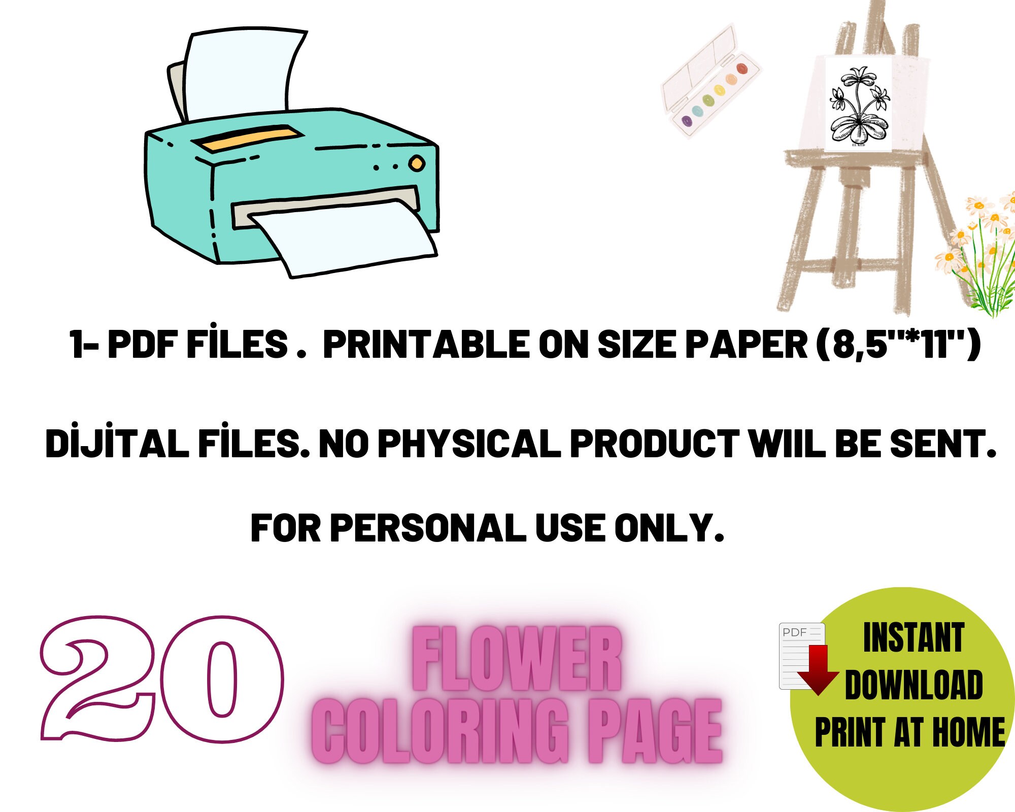 20 Printable Flower Coloring Pages, Coloring Book, Adults Kids ...