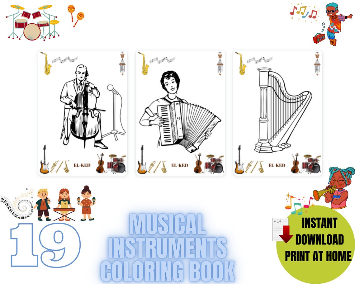Musical Instrument Coloring Pages Use at Home or School - Etsy