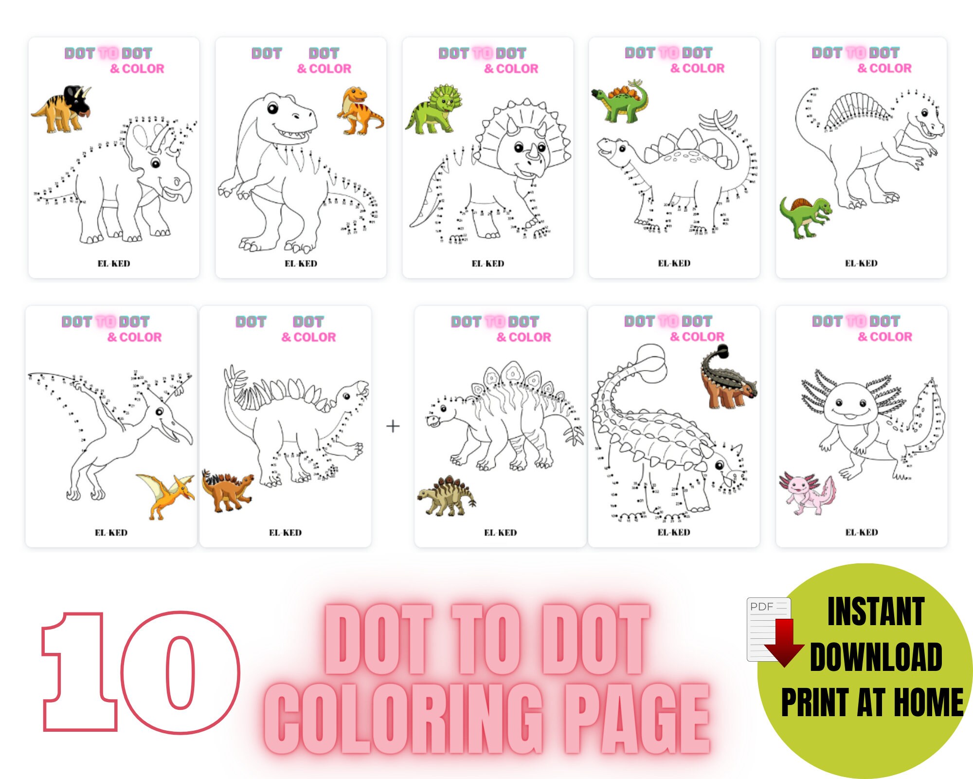 10 Pages Kids Dot to Dot, Dinosaur , Dot to Dot, Connect the Dots ...
