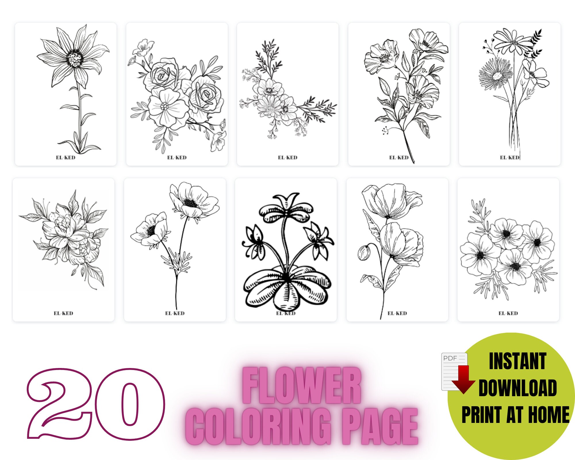 20 Printable Flower Coloring Pages, Coloring Book, Adults Kids ...
