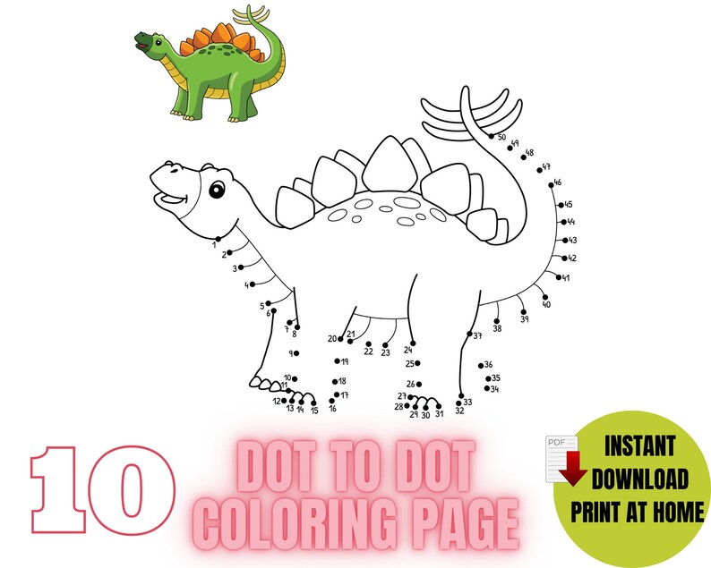 10 Pages Kids Dot to Dot, Dinosaur , Dot to Dot, Connect the Dots ...