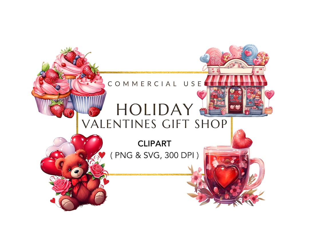 Cute Valentine Gift Shop Clipart, Valentine Candy Heart PNG, Watercolor ...