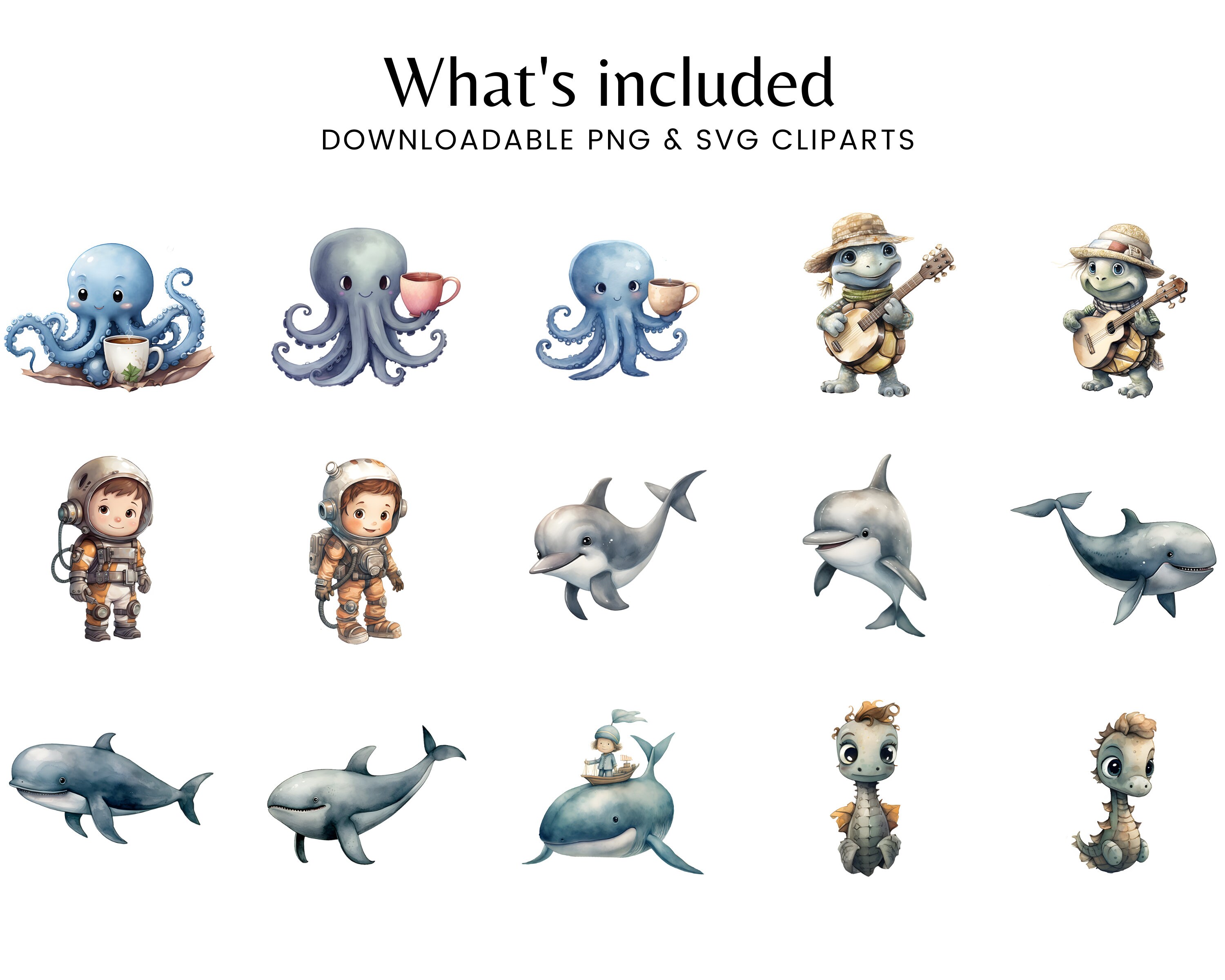 Whale Clipart, Under the Sea Clipart, Cute Ocean Animals PNG ...