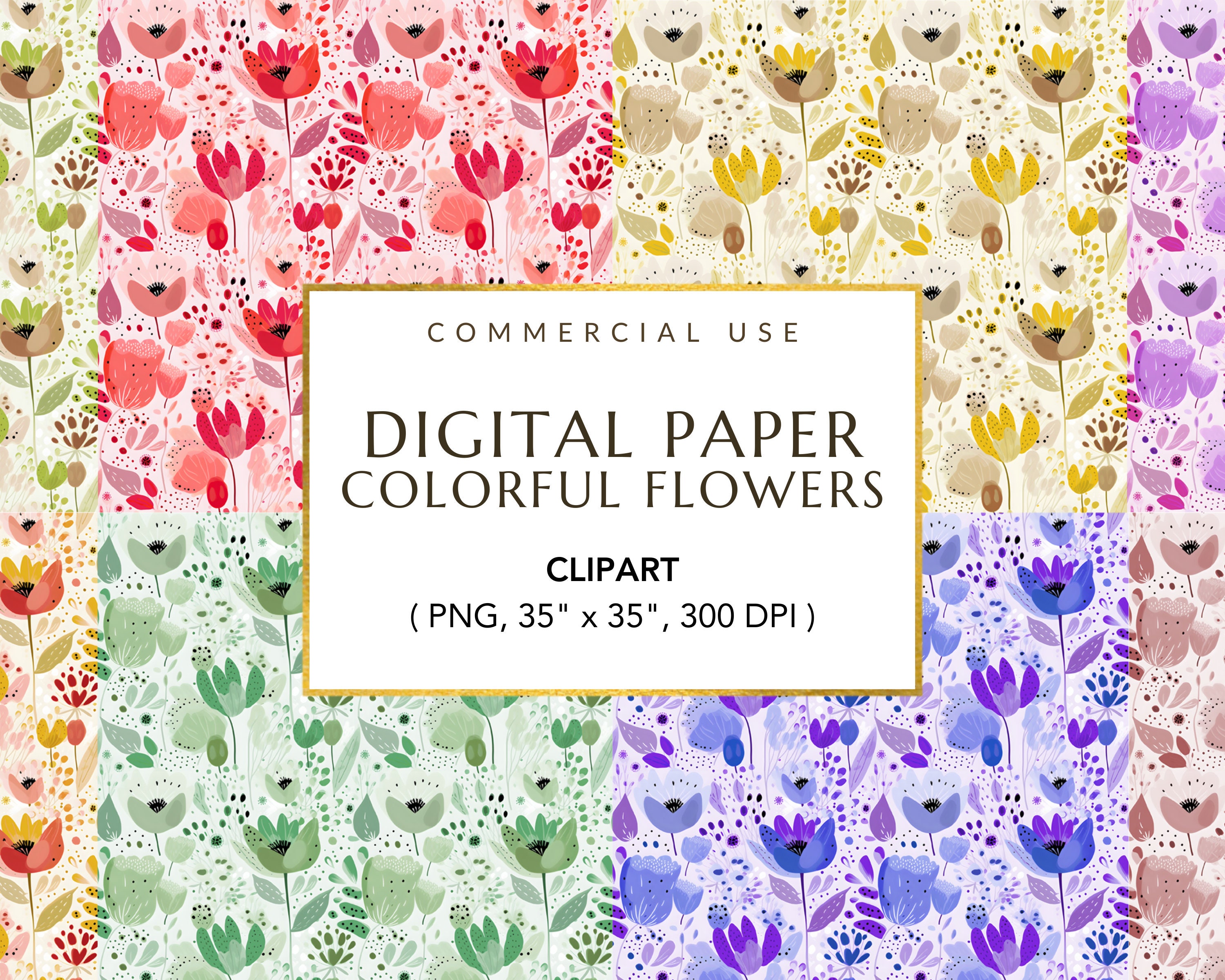 Colorful Florals Digital Paper, Floral Pattern PNG, Flower Pattern ...
