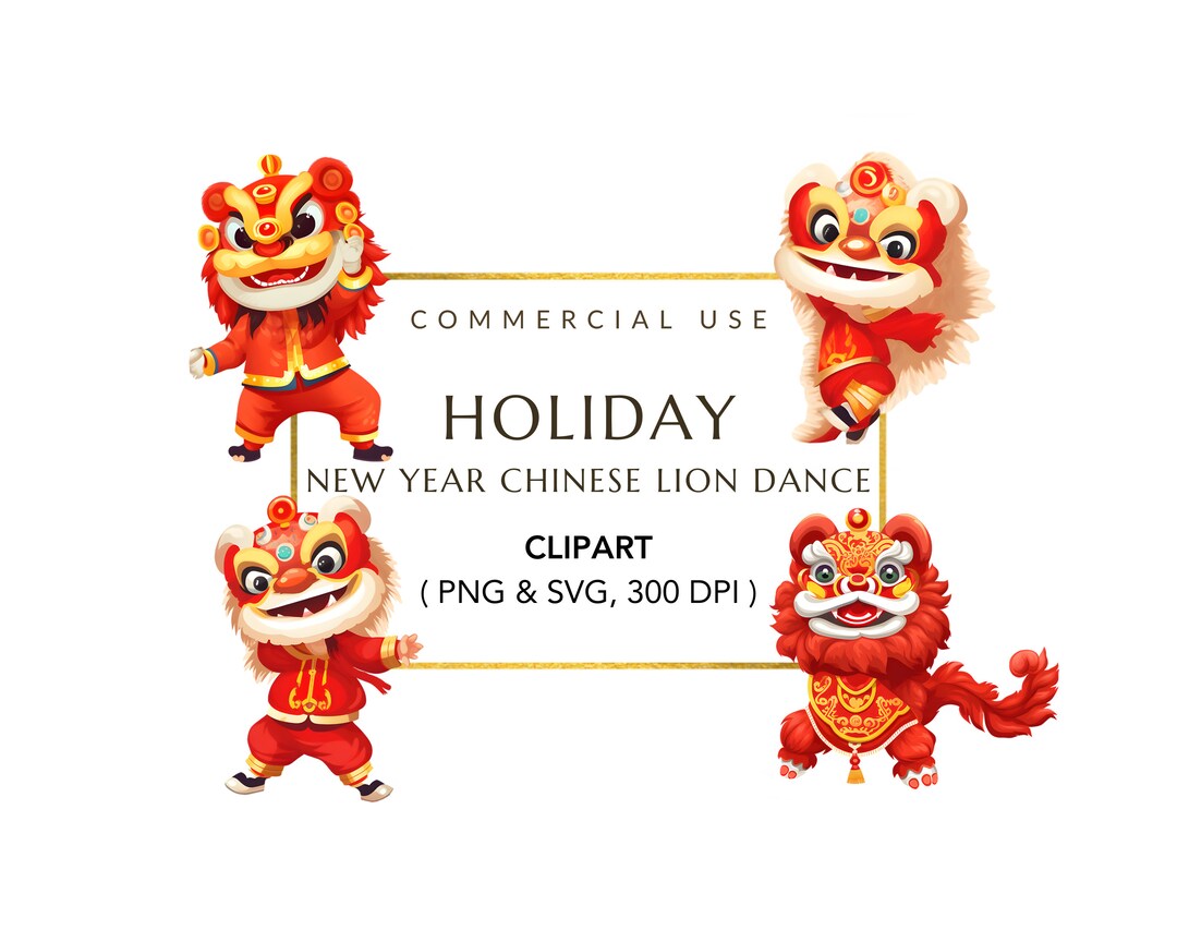 Chinese New Year Clipart, Lion Dance, Digital Download, Cute Dragon ...