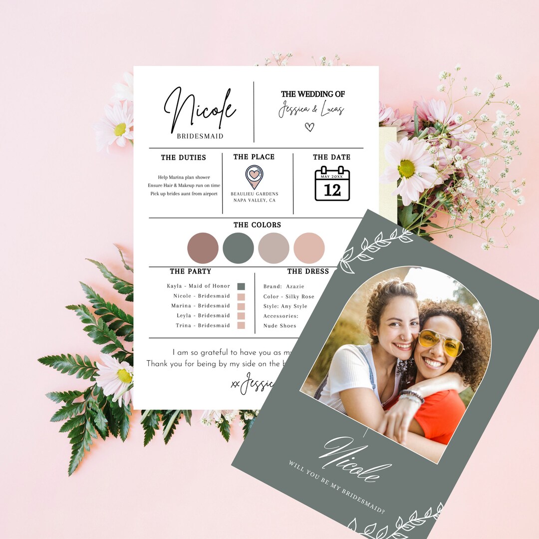 Bridesmaid or Maid of Honor Info Card Template, Bridal Party Info Card ...