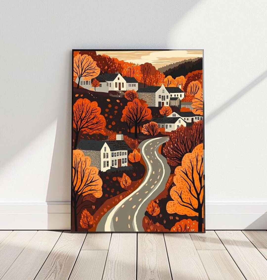 Cozy Fall Folk Art Print, Fall Folk Art Print, Fall Town Print, Fall ...