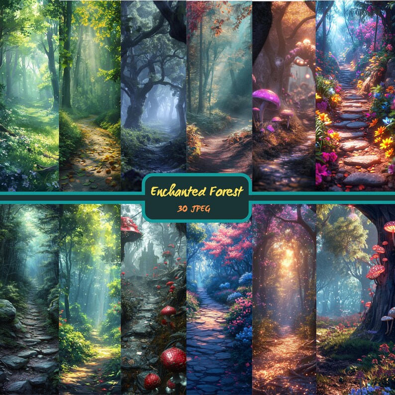 Printable Fantasy Enchanted Forest Digital Paper, Magical Mystery ...