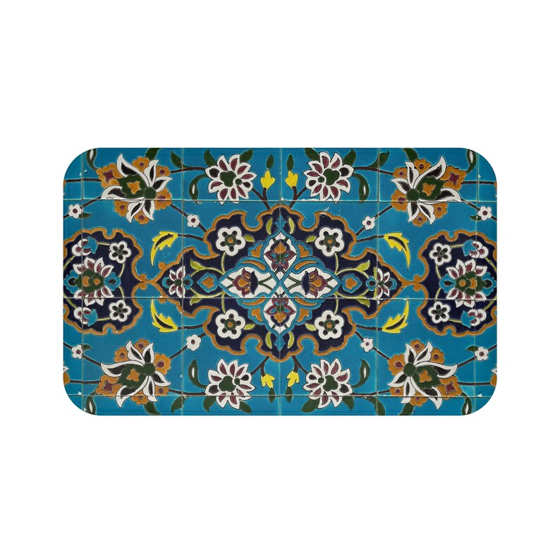 Persian Bath Mat, Turquoise Tile Print Bath Mat, Mosaic Bath Rug ...