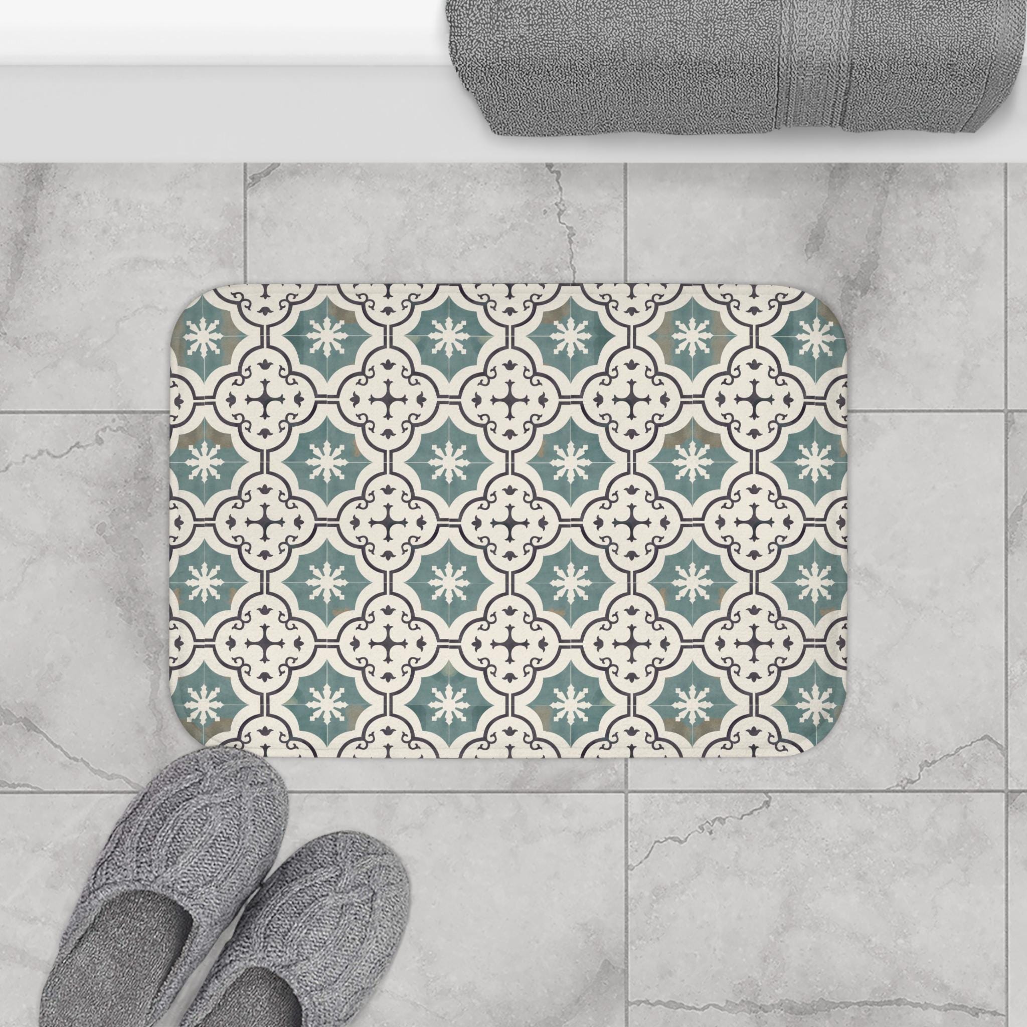 Sage Moroccan Tile Pattern Bathmat for Classic Bathrooms, Vintage Style ...