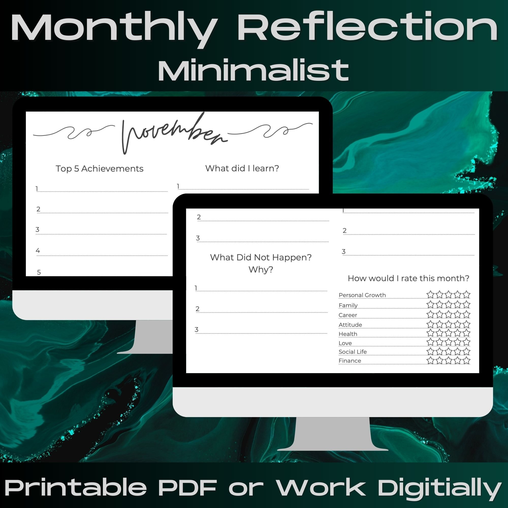 Yearly Digital Planner, Monthly Reflection Planner, Reflection Planner ...