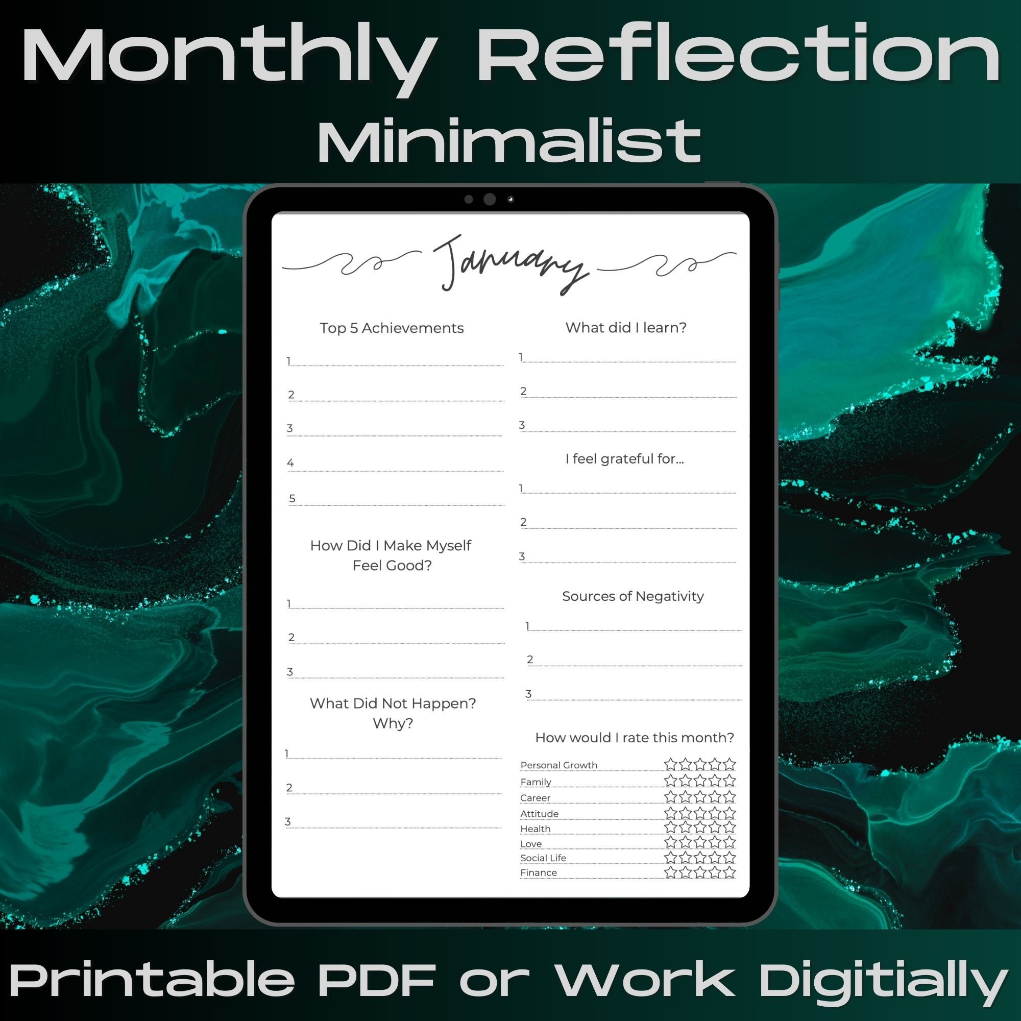Yearly Digital Planner, Monthly Reflection Planner, Reflection Planner ...
