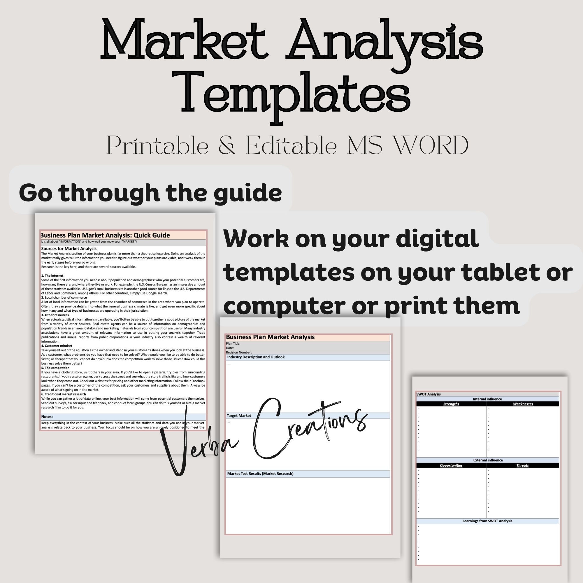 Market Analysis Templates: Business Plan Guide, SWOT (printable ...