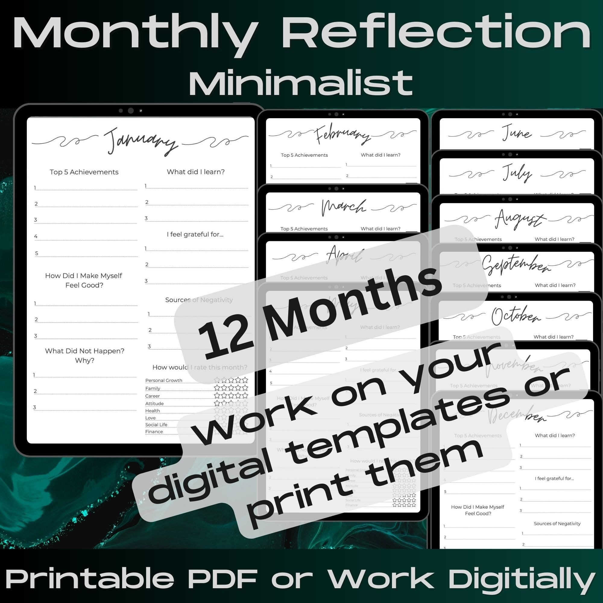 Yearly Digital Planner, Monthly Reflection Planner, Reflection Planner ...