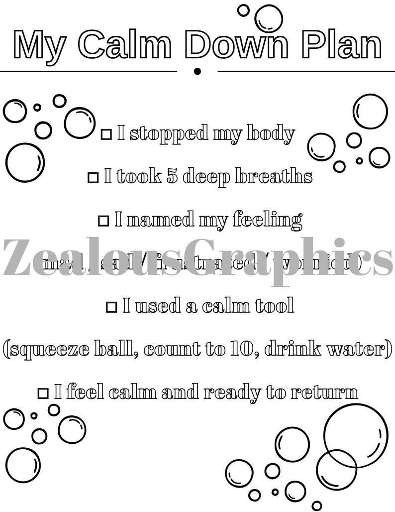 My Calm Down Plan Coloring Page Printable | Calm Corner Worksheet for ...