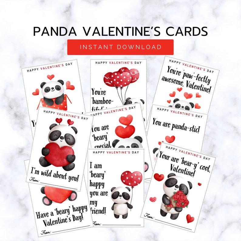 9 Panda Valentine's Day Cards for Kids Digital Download Panda Themed ...