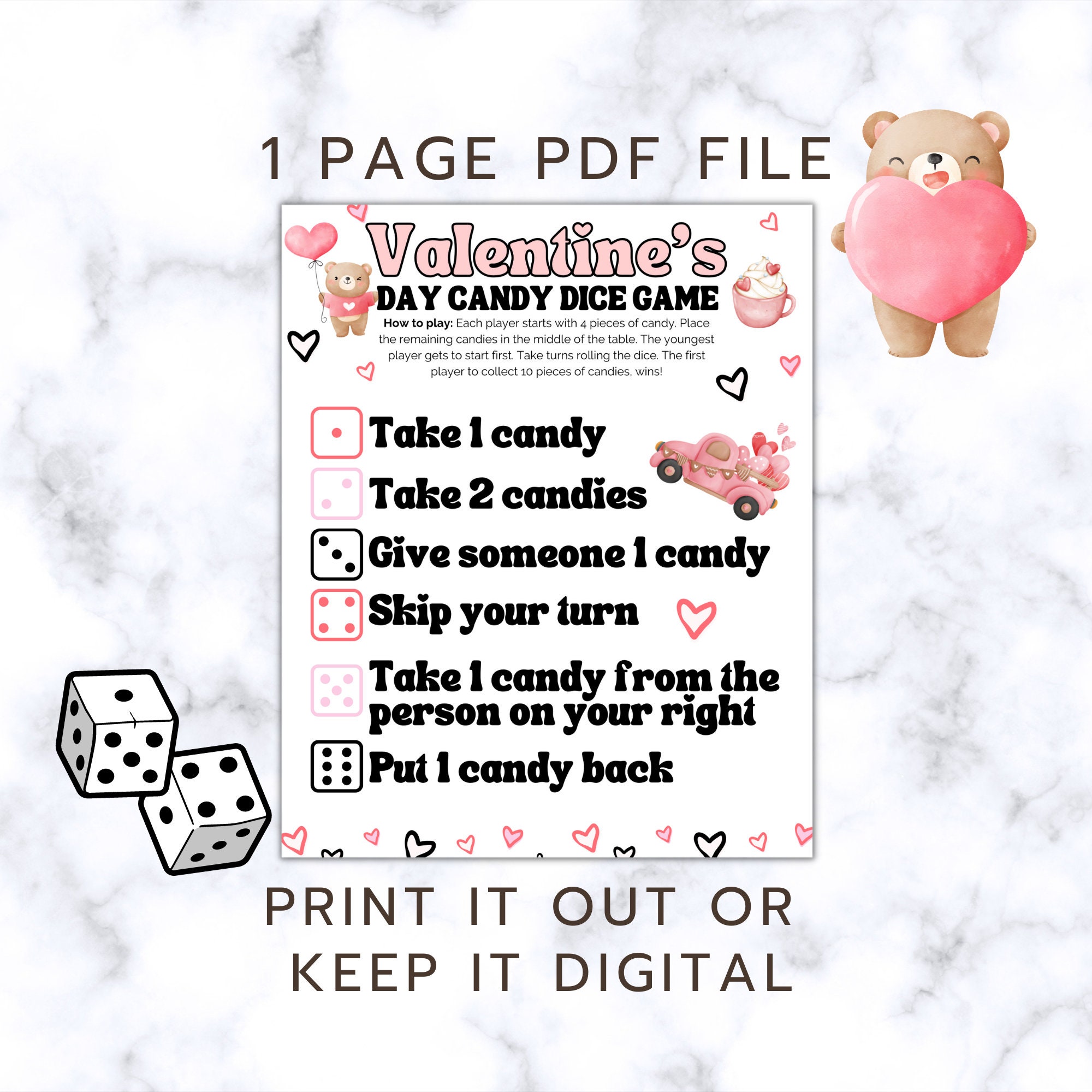 Valentine's Day Roll the Dice Game for Kids Digital Download Valentine ...