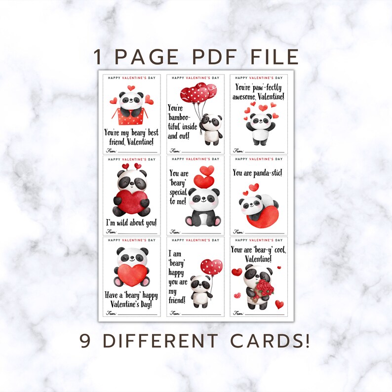 9 Panda Valentine's Day Cards for Kids Digital Download Panda Themed ...