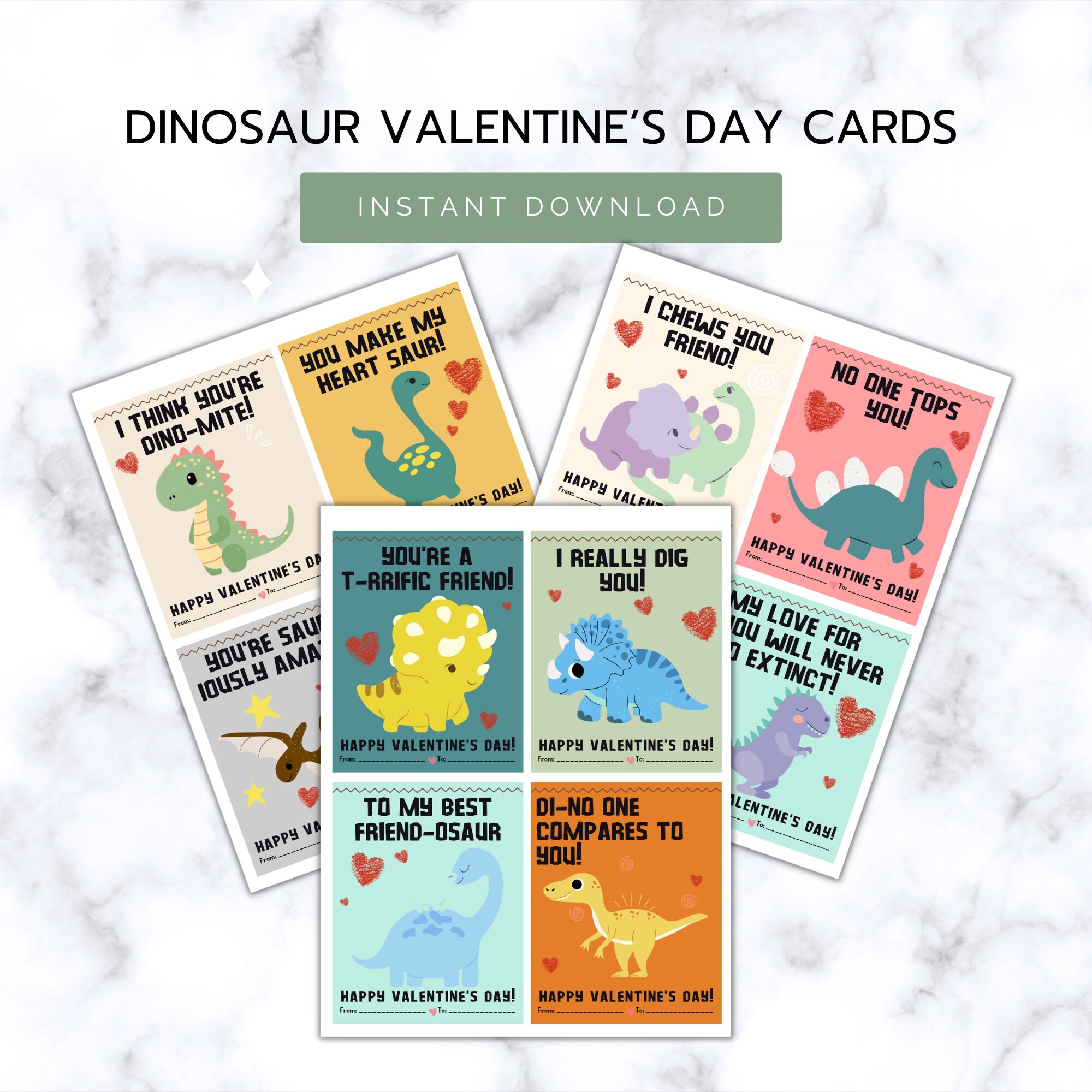 12 Dinosaur Valentine's Day Cards for Kids Digital Download Dinosaur ...
