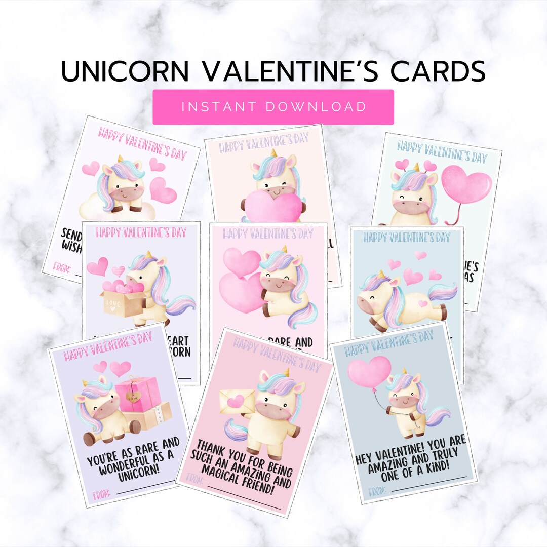 9 Unicorn Valentine's Day Cards for Kids Digital Download Unicorn ...