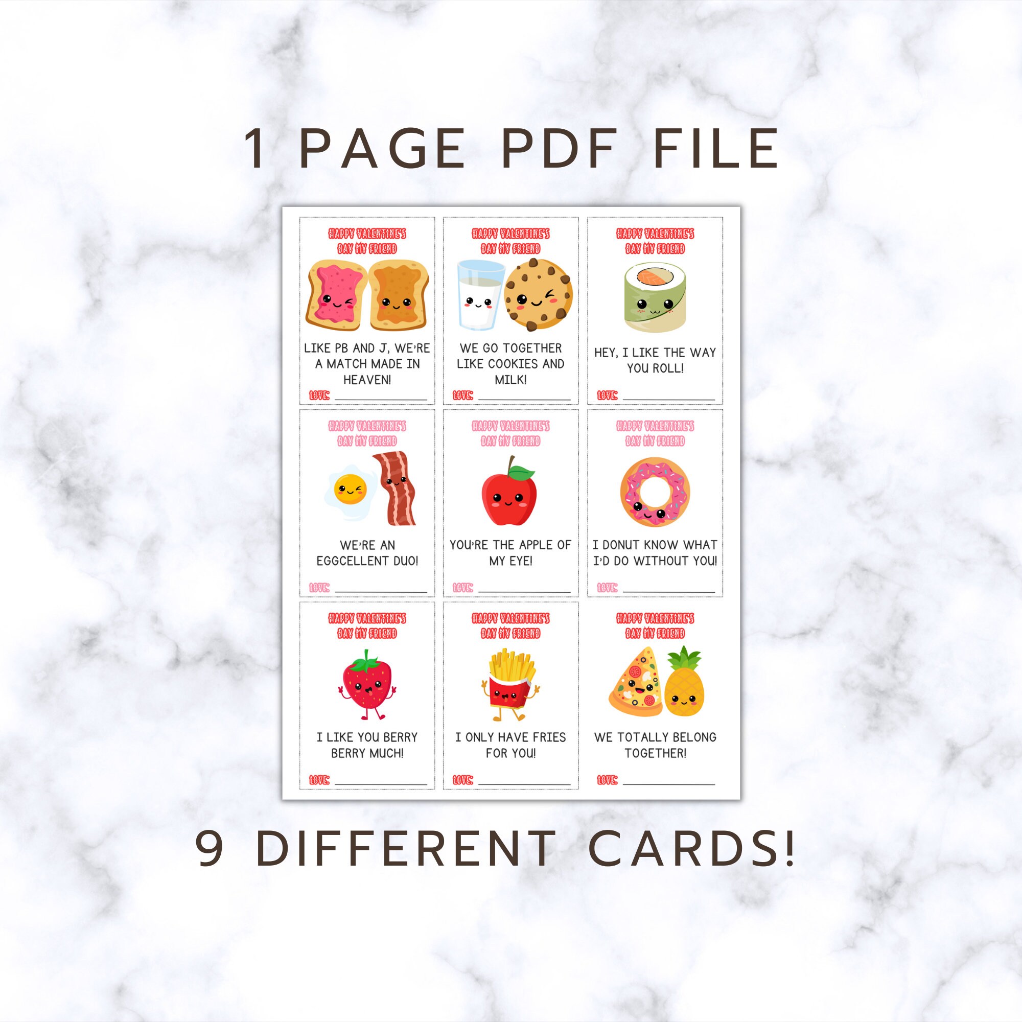 9 Fun Food Valentine's Day Cards for Kids Digital Download Food Themed ...