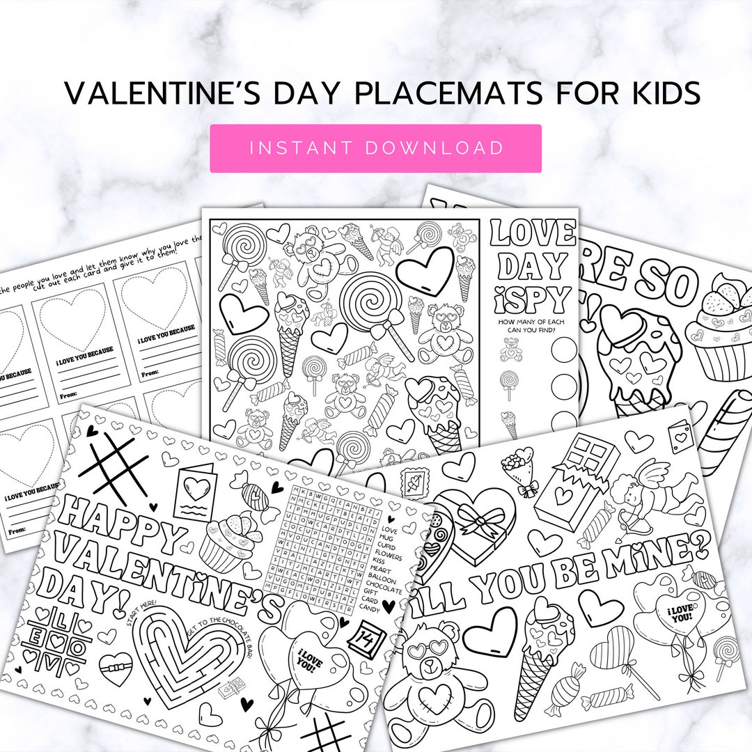 5 Valentine's Day Placemats for Kids Coloring Placemats Digital ...