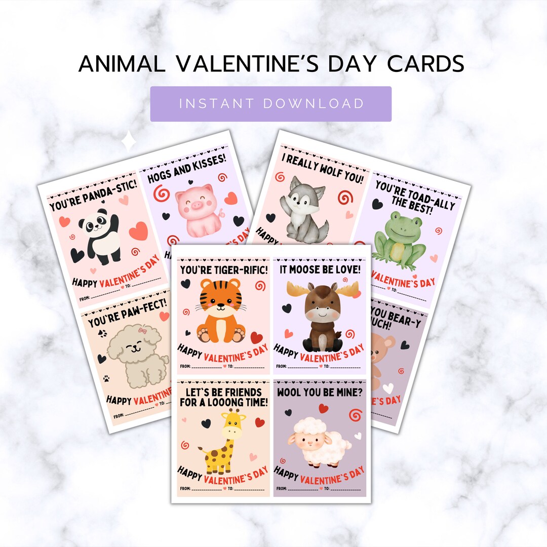 12 Animal Valentine's Day Cards for Kids Digital Download Animal Themed ...