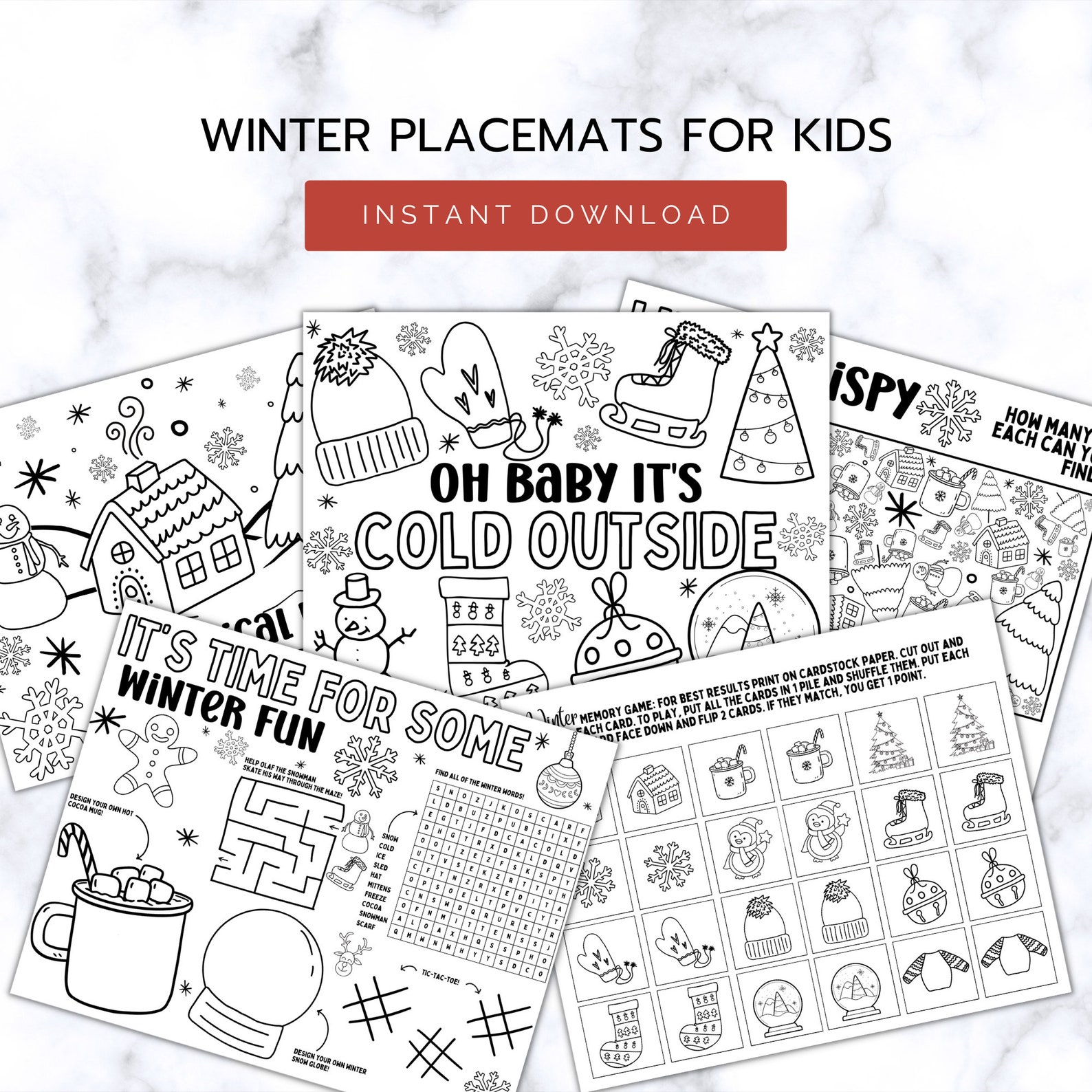 5 Winter Activity Placemats for Kids Digital Download Christmas ...
