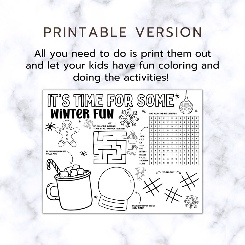 5 Winter Activity Placemats for Kids Digital Download Christmas ...