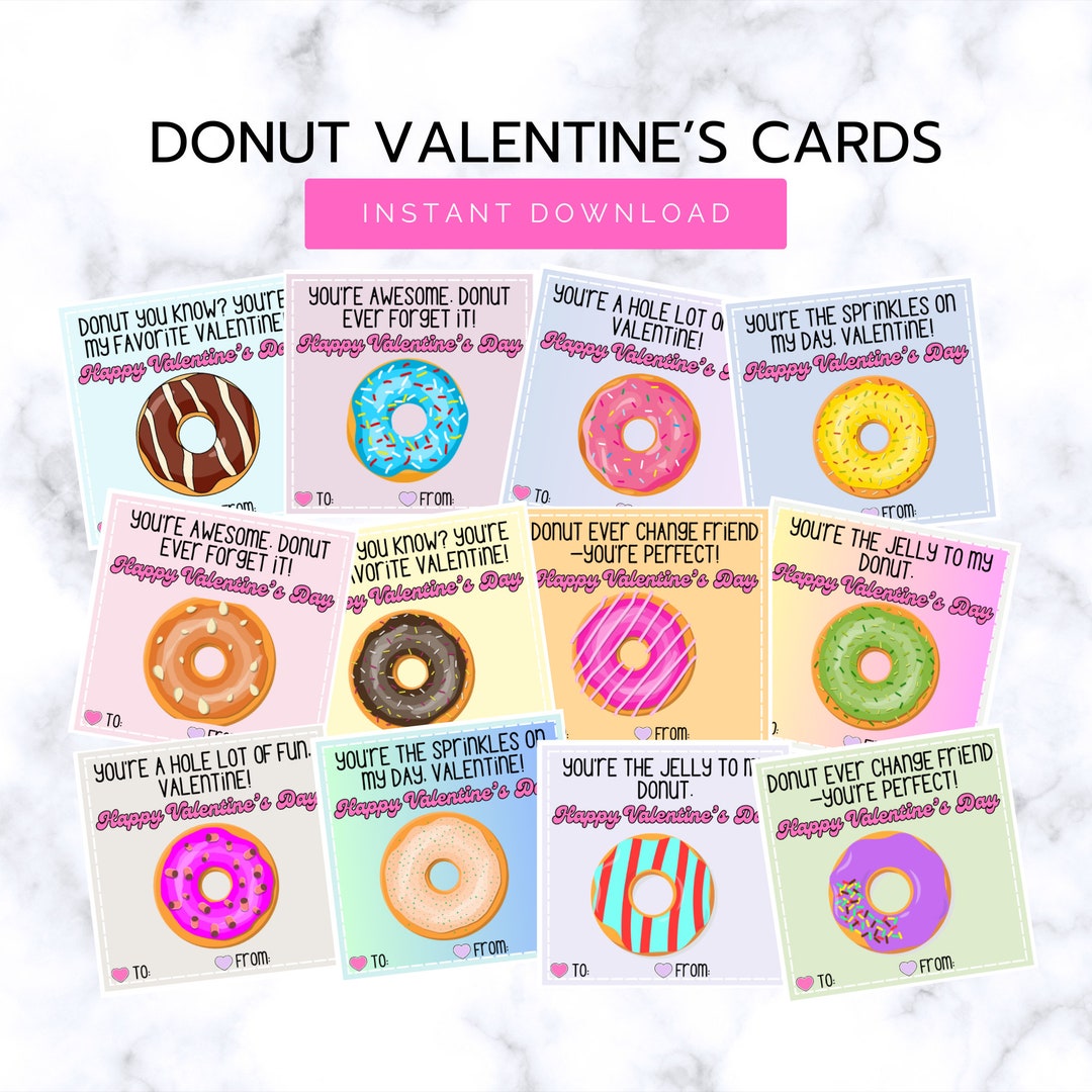 12 Donut Valentine's Day Cards for Kids Digital Download Donut Themed ...