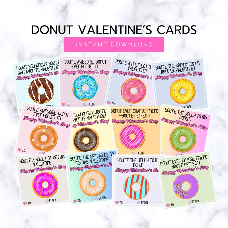 12 Donut Valentine's Day Cards for Kids Digital Download Donut Themed ...
