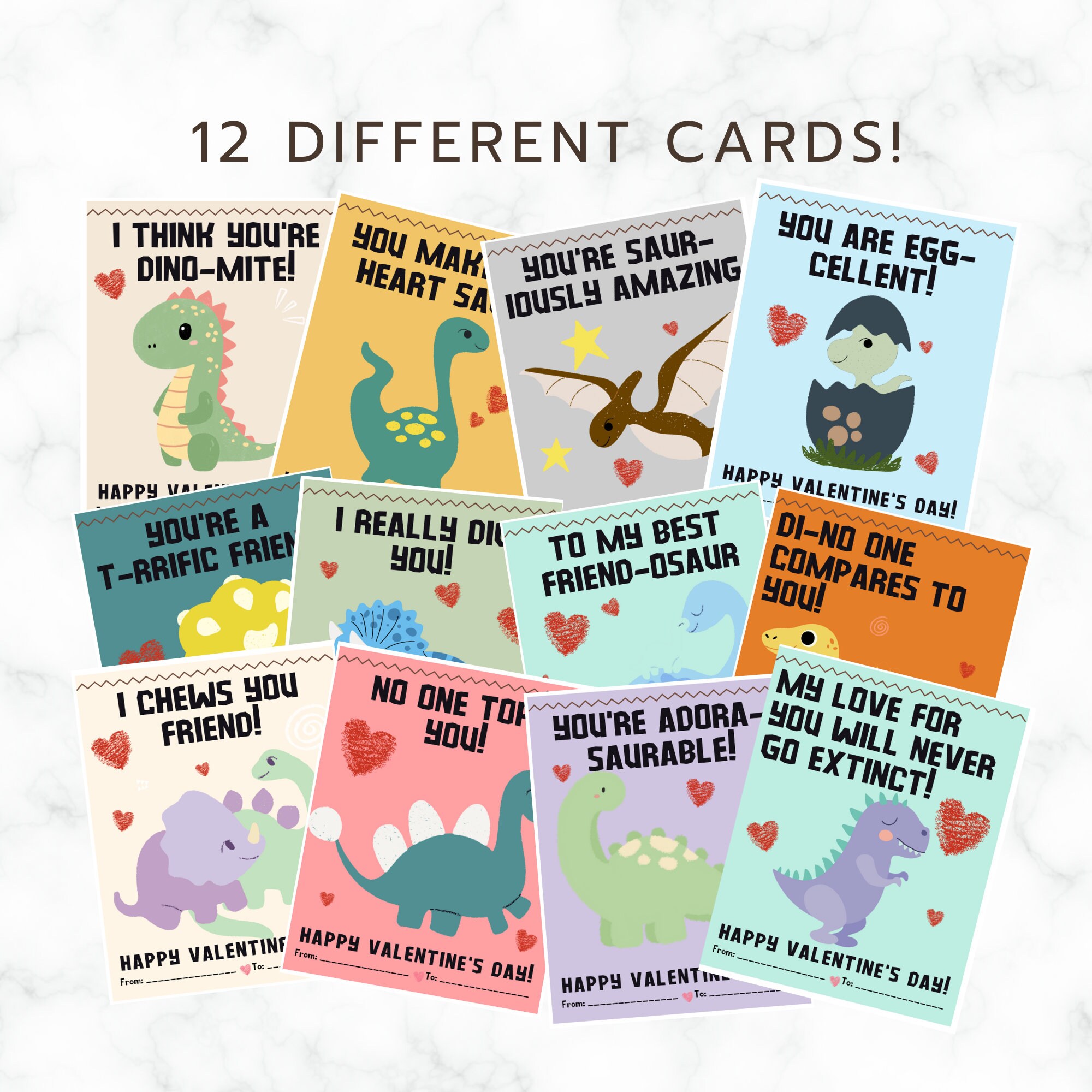 12 Dinosaur Valentine's Day Cards for Kids Digital Download Dinosaur ...