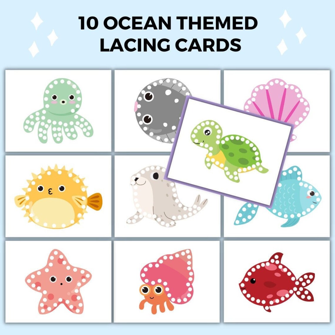 Ocean Themed Lacing Cards for Toddlers | Toddler Lacing Cards | Ocean ...